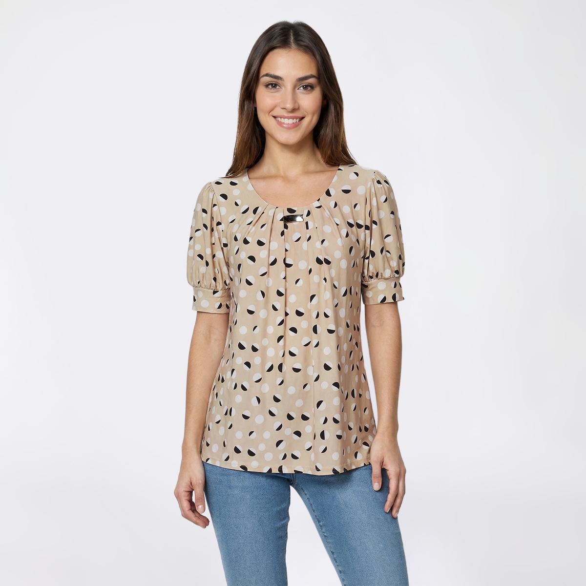 Click here for Womens Notations Short Puff Sleeve Dot Bar Neck Bl... prices